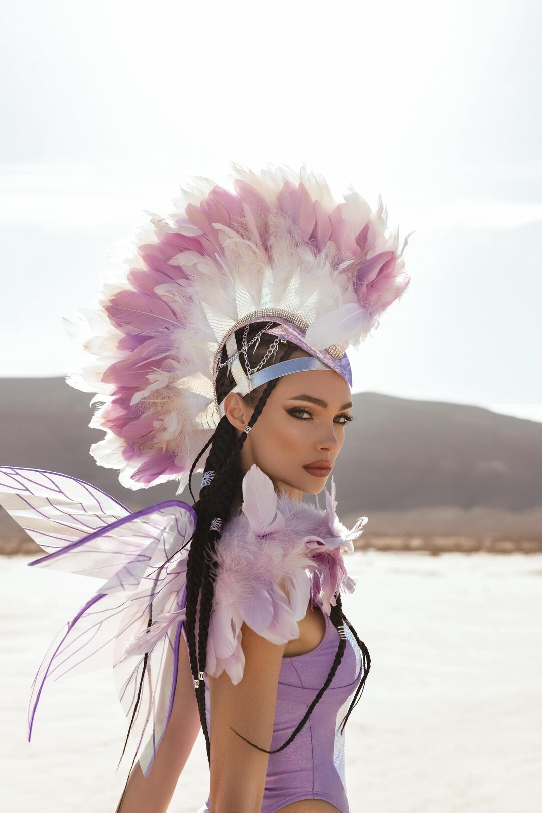 Lavender Feather Mohawk Headdress With Real Python Leather | Festival ...