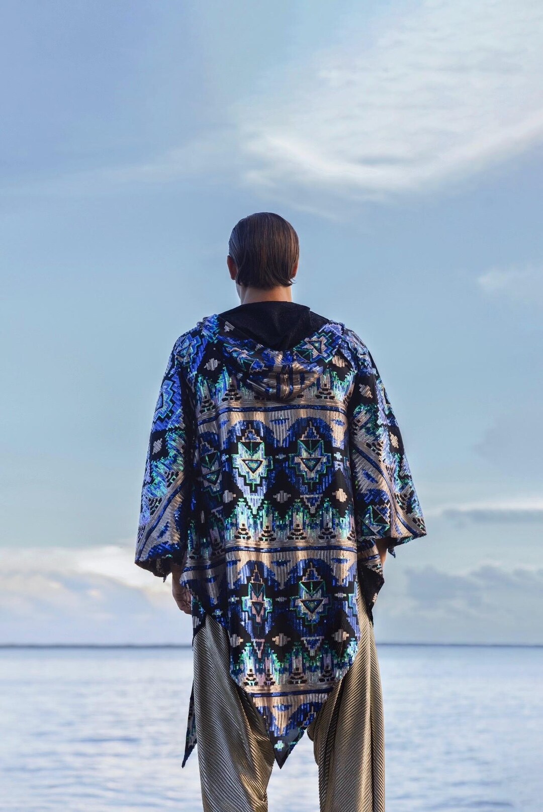 Men’s Aztec Sequin Hooded Kimono - Blue and Gold Festival Cape - Boho ...