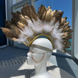 Gold and White Feather Mohawk Headpiece – Handmade Festival Crown for ...