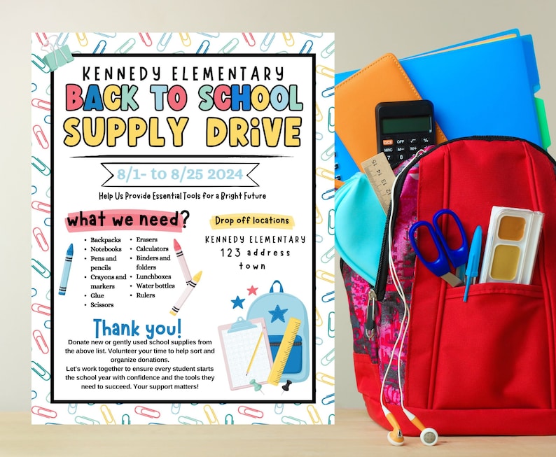 Back to School Supply Drive Flyer TEMPLATE, Editable Back to School ...