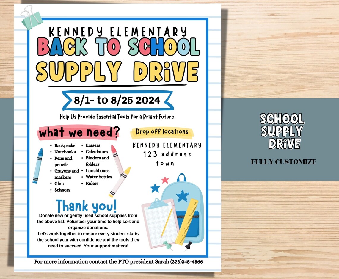 School Supply Drive Flyer TEMPLATE, Editable Back to School Flyer, PTA ...