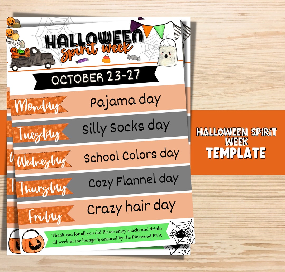 Halloween Spirit Week TEMPLATE, Editable Autumn Spirit Week Flyer, PTA ...