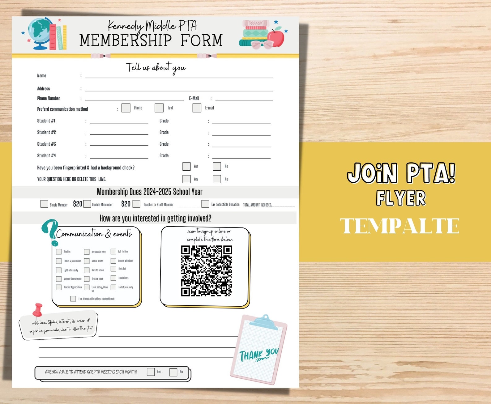 PTA Membership Form Template QR Code| Pto Editable School Template ...