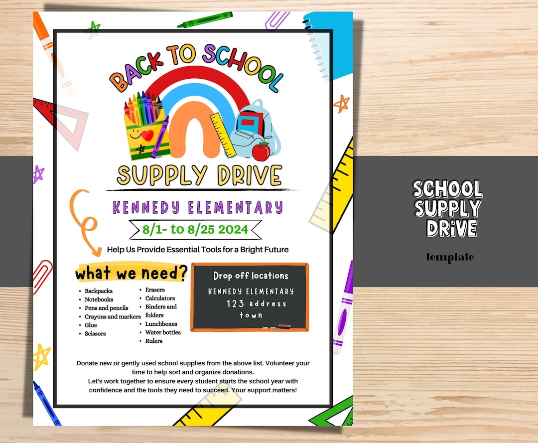 Back to School Supply Drive Flyer TEMPLATE, Editable Back to School ...