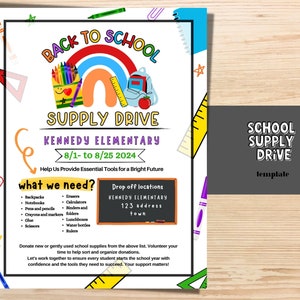 Back to School Supply Drive Flyer TEMPLATE, Editable Back to School ...