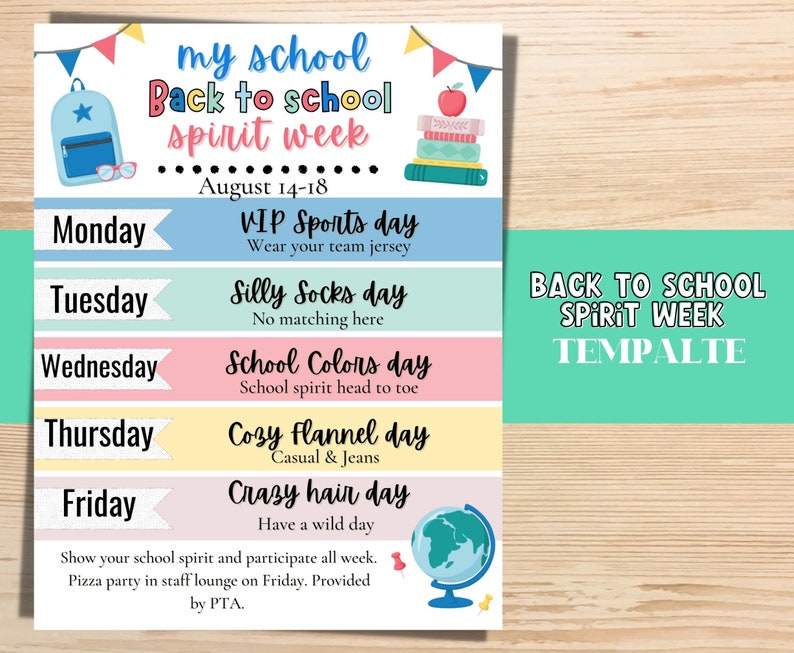 School Spirit Week TEMPLATE, Editable Back to School Flyer, PTA ...