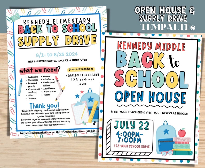 Back to Open House Flyer TEMPLATE, & School Supply Drive Editable Back ...