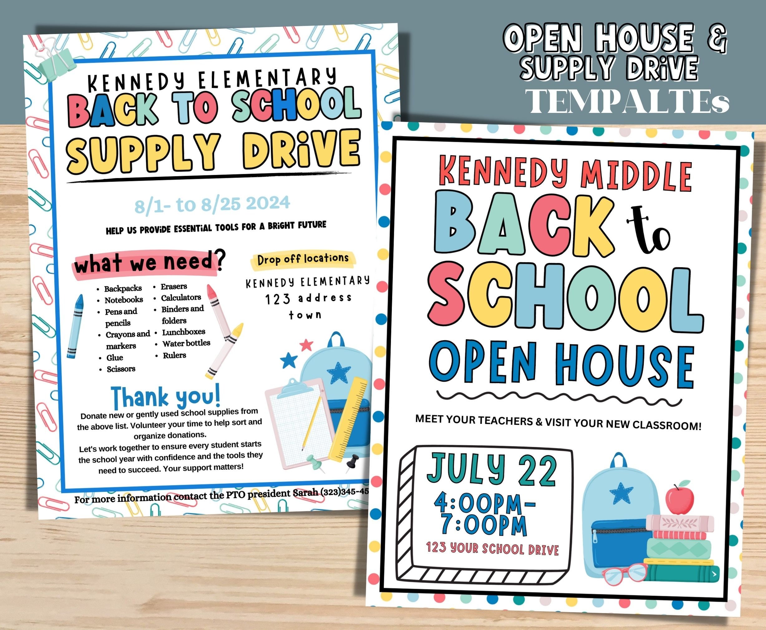 Back to Open House Flyer TEMPLATE, & School Supply Drive Editable Back ...