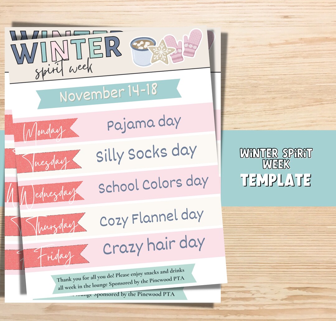 Winter Spirit Week TEMPLATE, Editable Holiday Spirit Week Flyer, PTA ...
