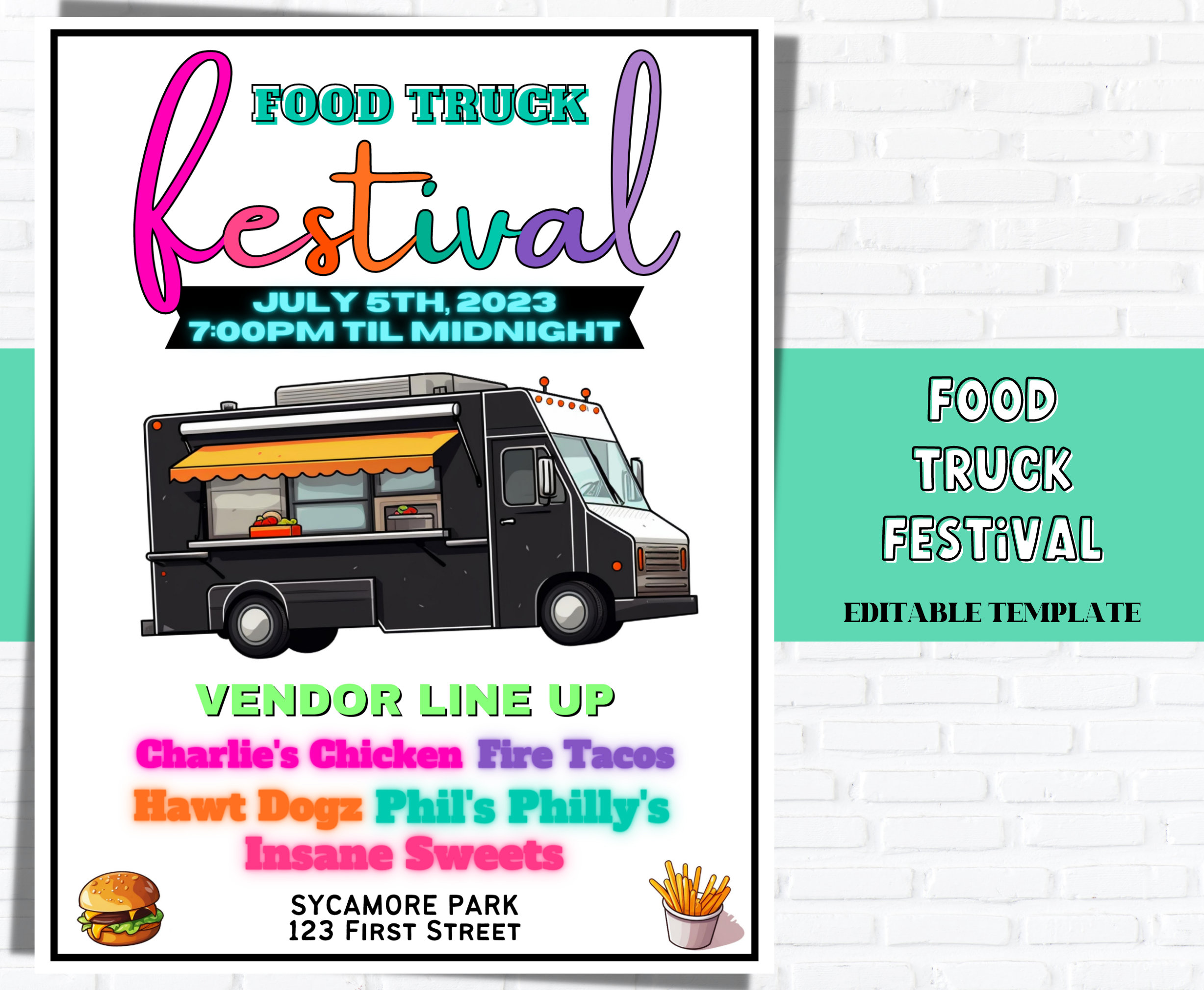 Neon Food Truck Flyer | Food Truck FESTIVAL TEMPLATE, Editable ...