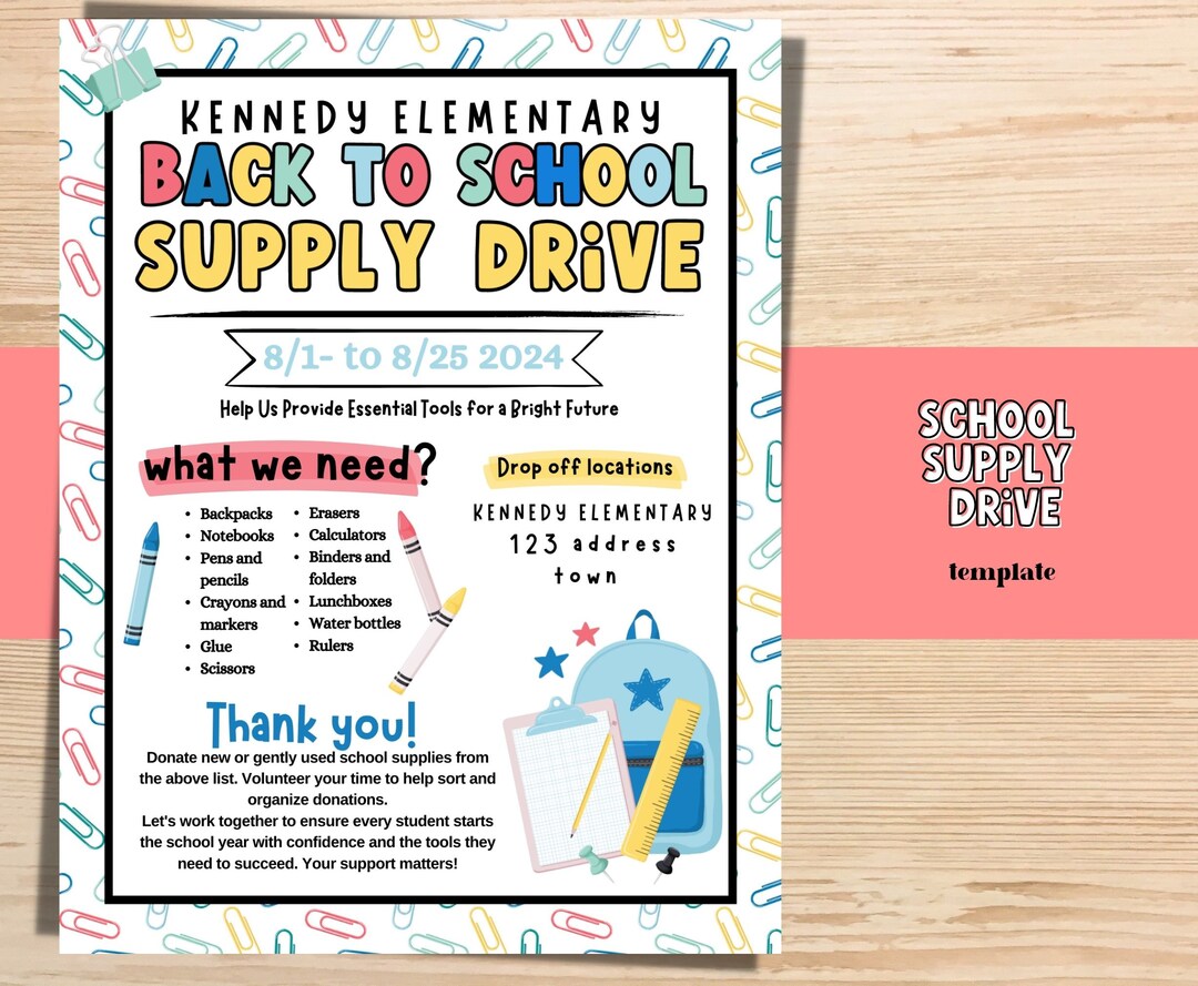 Back to School Supply Drive Flyer TEMPLATE, Editable Back to School ...