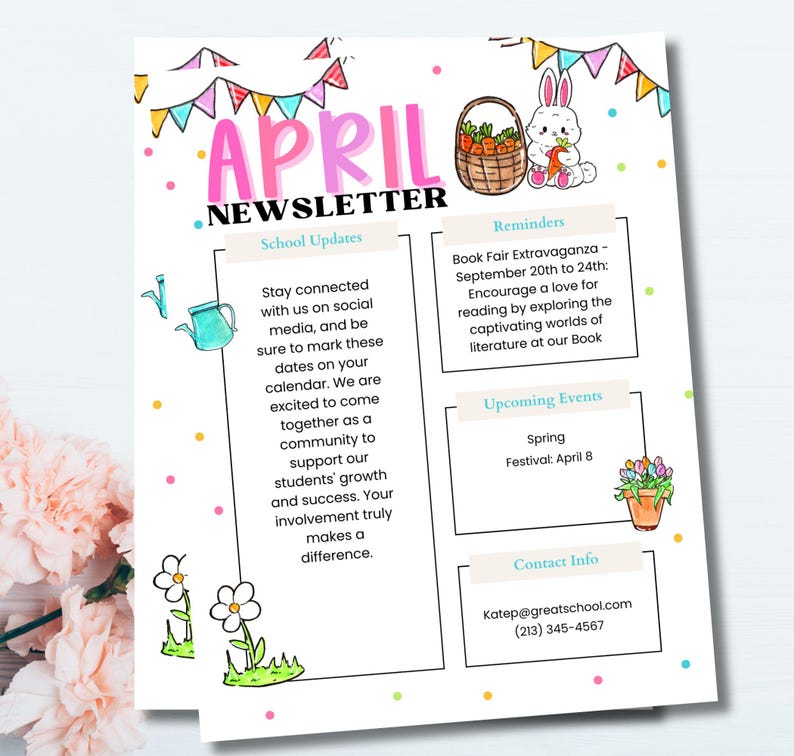 April PTA Newsletter | Spring Newsletter | Daycare Newsletter Template ...
