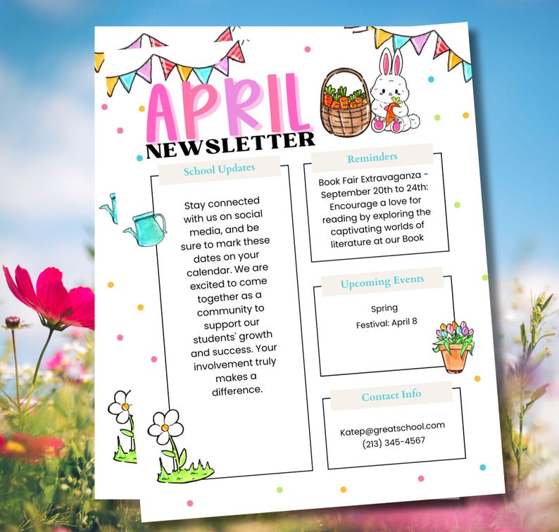 April PTA Newsletter | Spring Newsletter | Daycare Newsletter Template ...