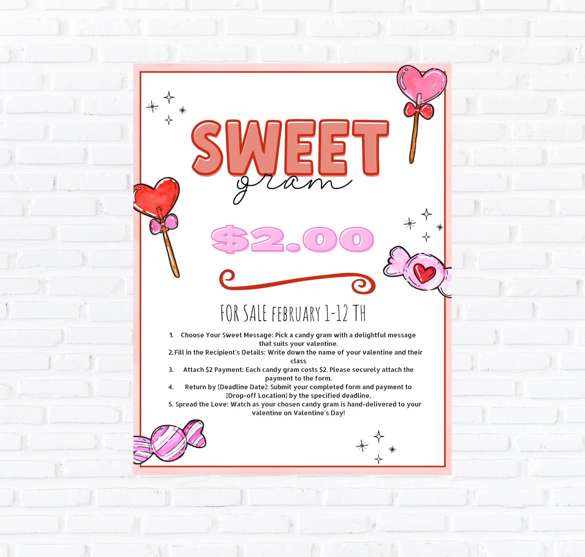 PTA PTO Valentine's Day Candy Gram |valentine School Fundraiser Flyer ...