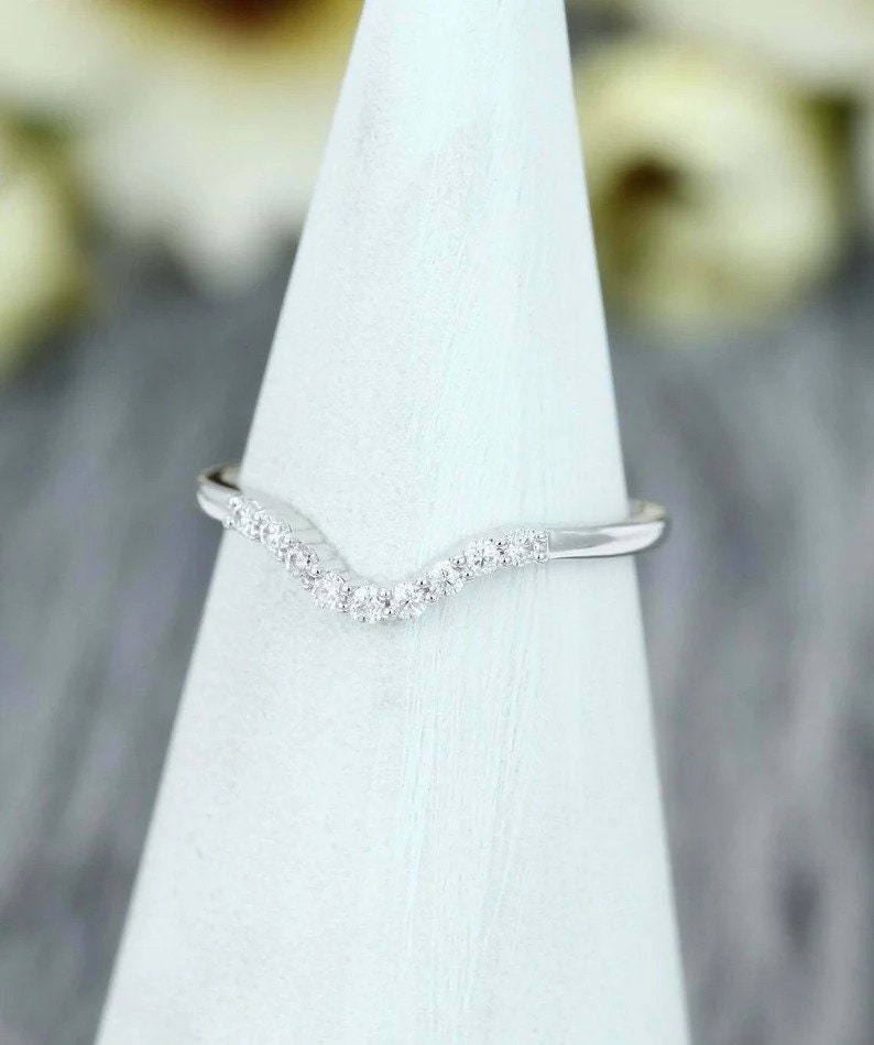Moissanite Sterling Silver Curve Wedding Band: Dainty Stacking Ring - Etsy