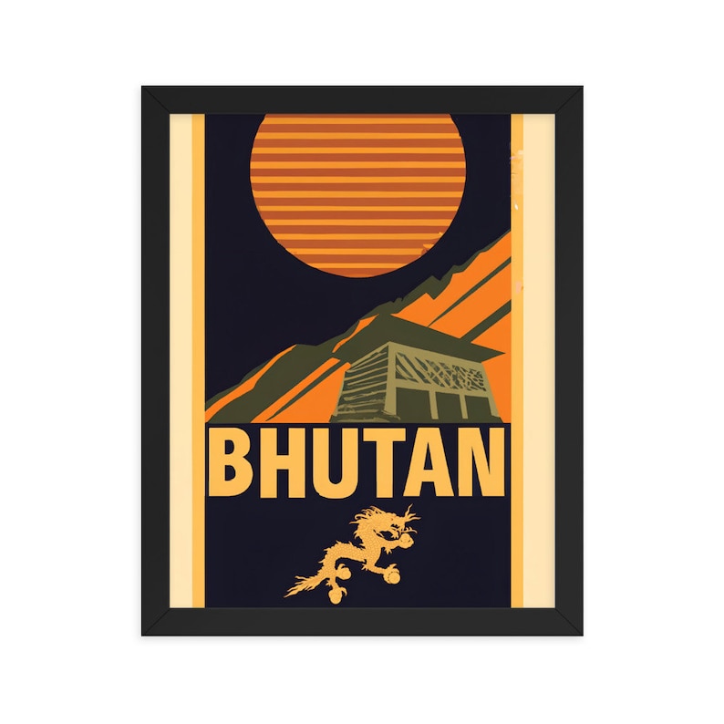 Framed Retro Bhutan Poster Flag Dragon Orange Black Vintage Wall Art ...