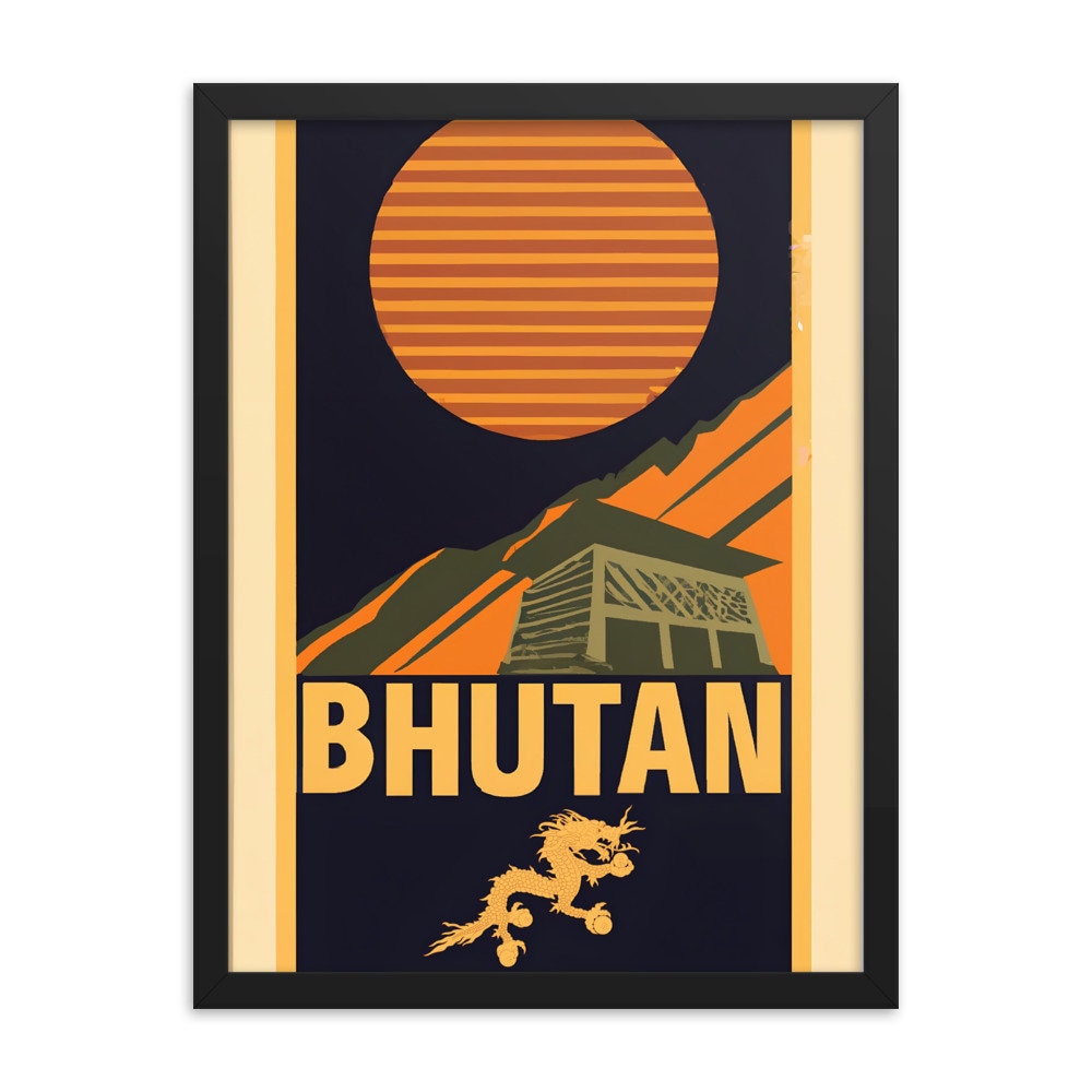 Framed Retro Bhutan Poster Flag Dragon Orange Black Vintage Wall Art - Etsy