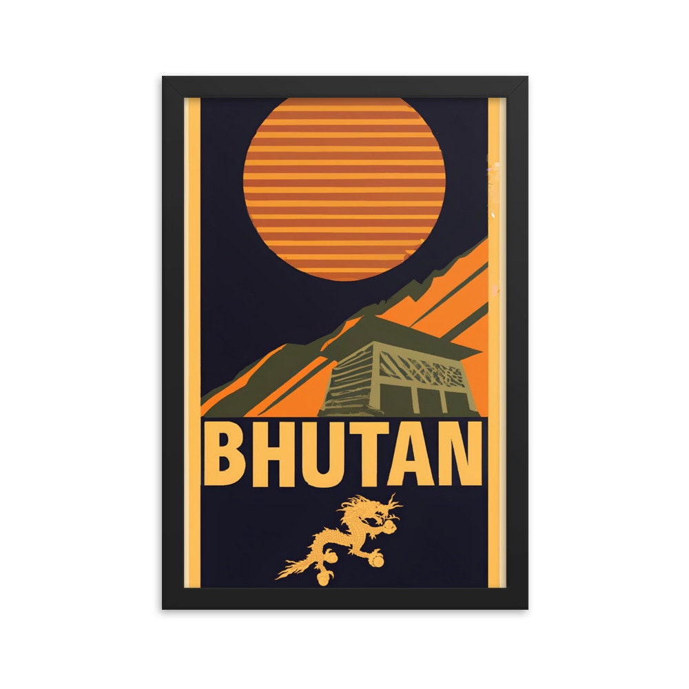 Framed Retro Bhutan Poster Flag Dragon Orange Black Vintage Wall Art - Etsy