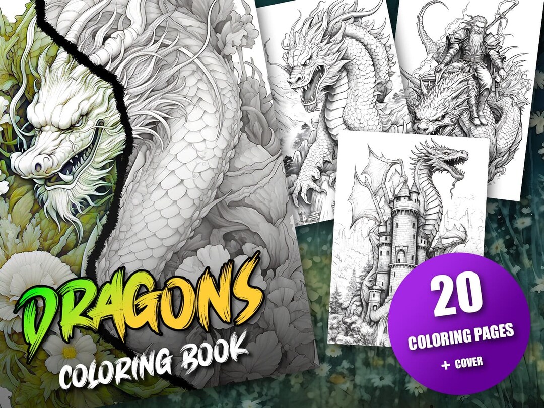 20 Mystical Dragon Fantasy Coloring Pages Book, Adults + Kids- Instant ...