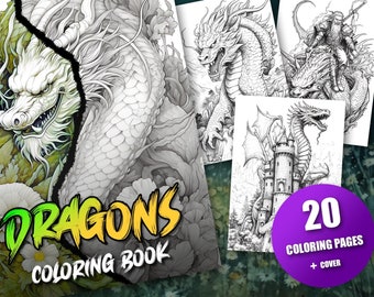 20 Dragon Fantasy Coloring Pages, Adults Kids Instant Download Grayscale Coloring Page ...
