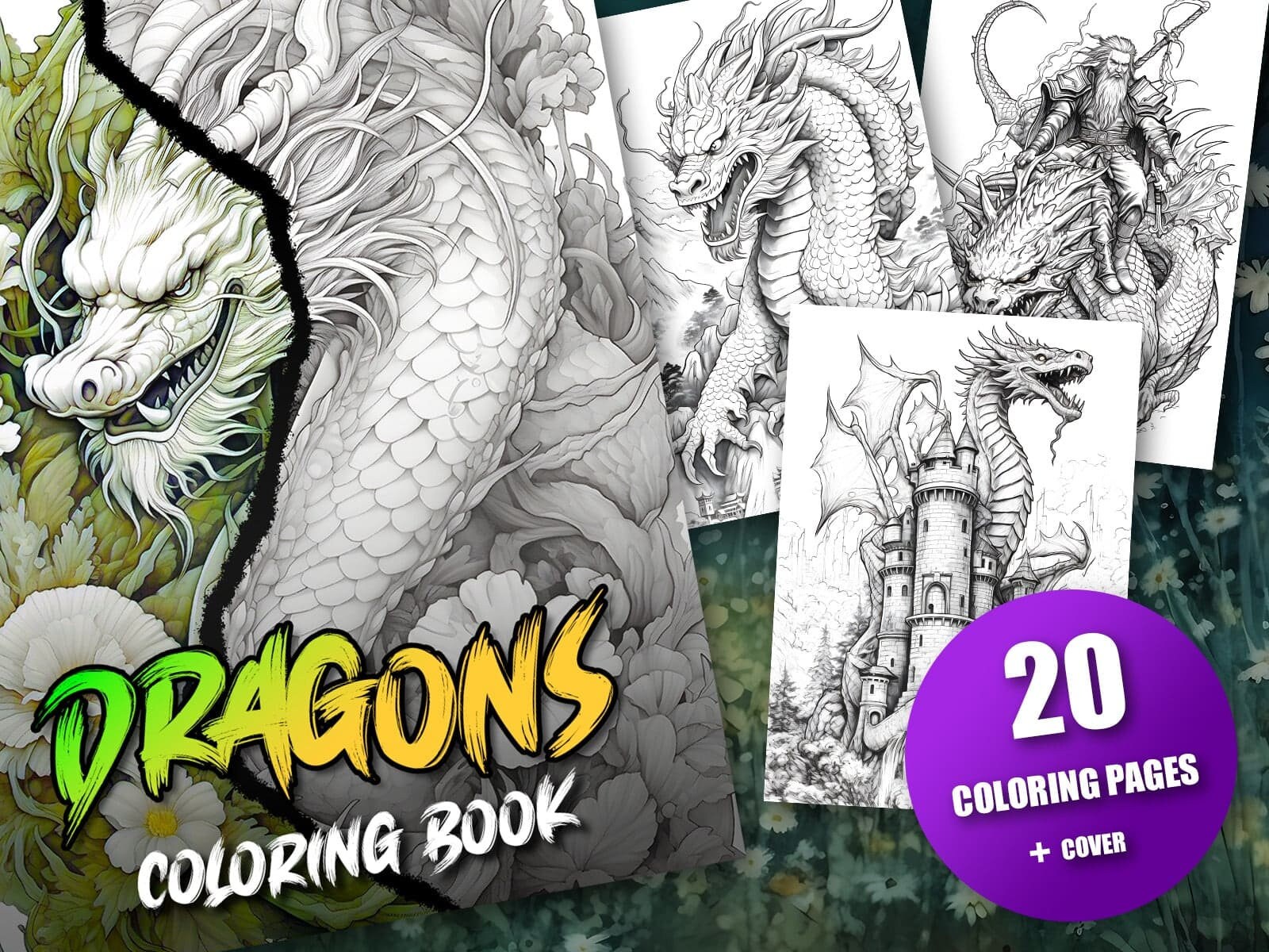 20 Mystical Dragon Fantasy Coloring Pages Book, Adults + Kids- Instant ...