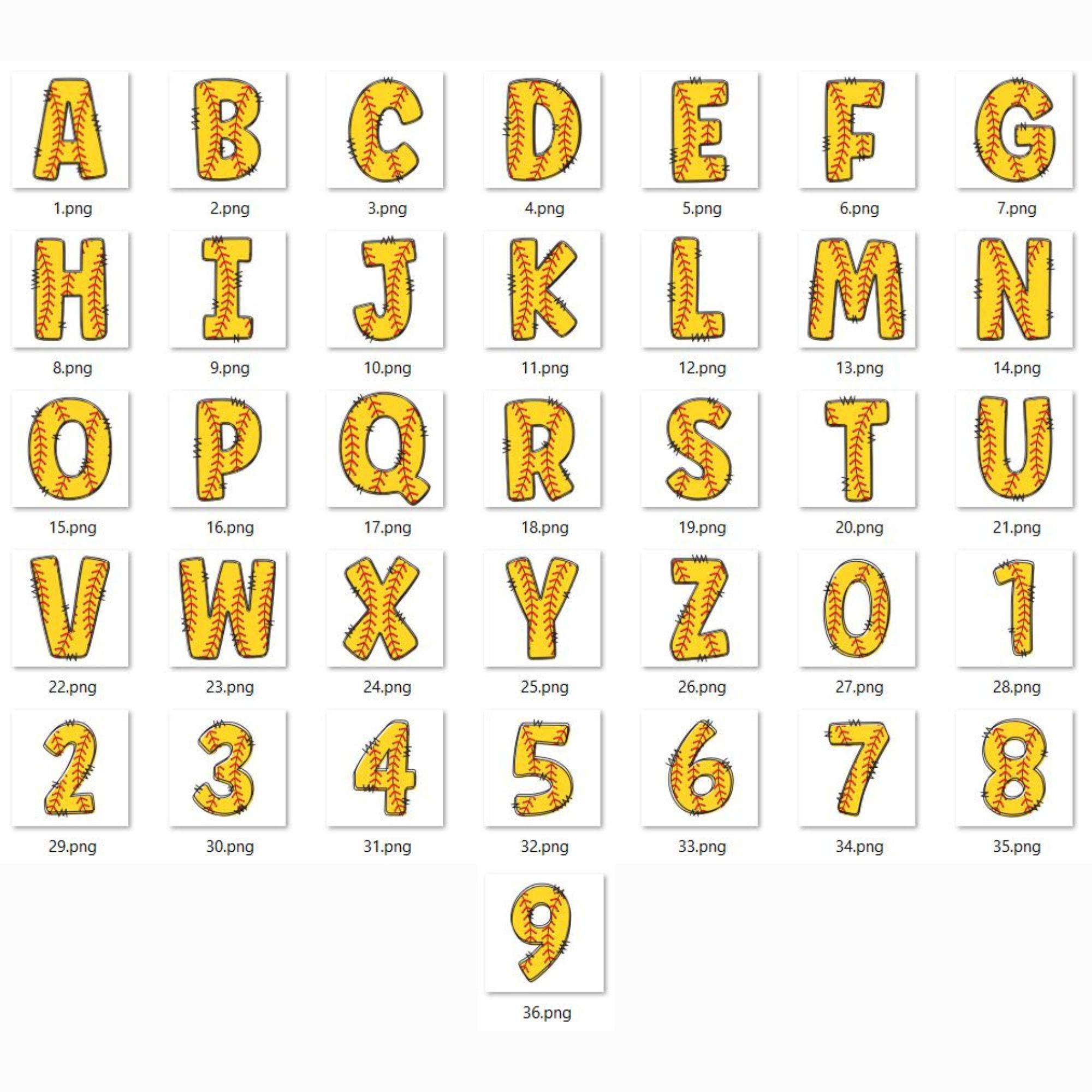 Softball Doodle Letter PNG, Softball Alphabet Sublimation Bundle PNG ...