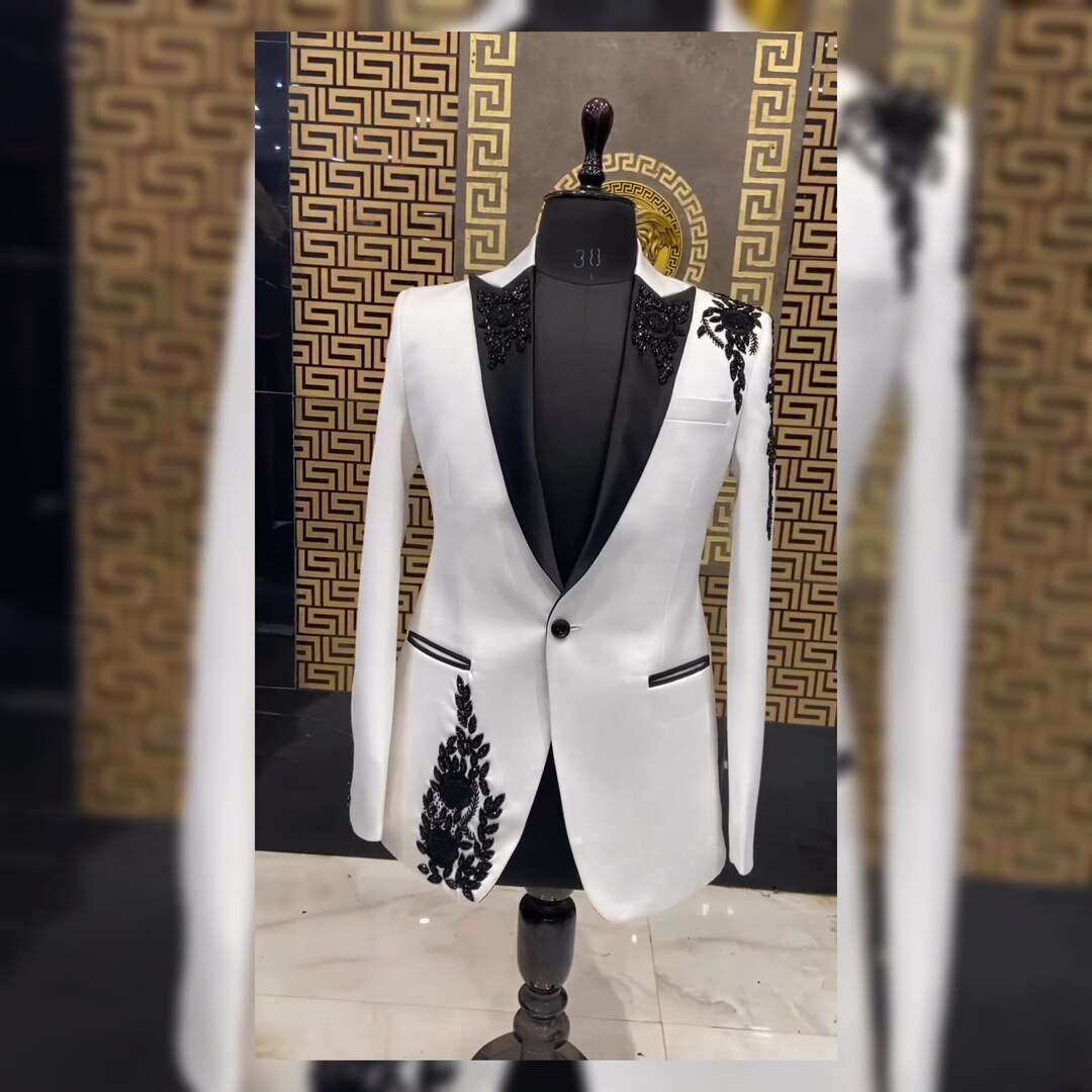 Royal Black Hand Embroidered Tuxedo Suit, Zari Golden Work Tuxedo Suit ...