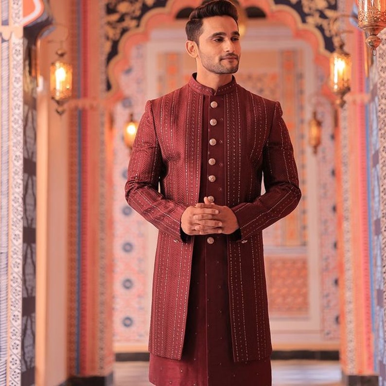 Maroon Sherwani for Men, Chikankari Sherwani, Embroidered Sherwani ...