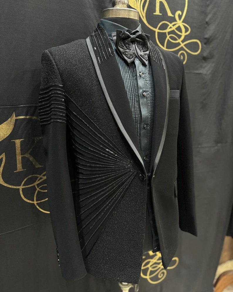 Black Hand Embroidered Tuxedo Suit, Black Crystal Work Tuxedo Suit ...