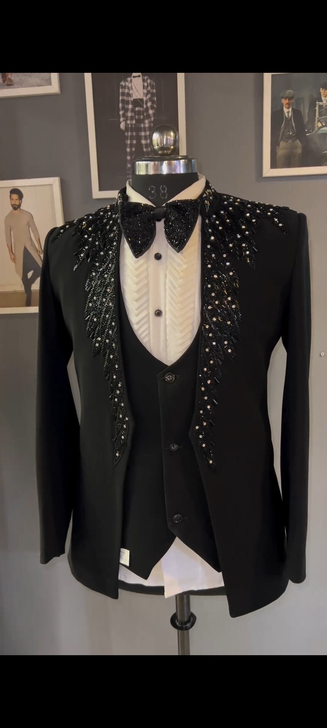 Black Hand Embroidered Tuxedo Suit, Zari Golden Work Tuxedo Suit, Hand ...