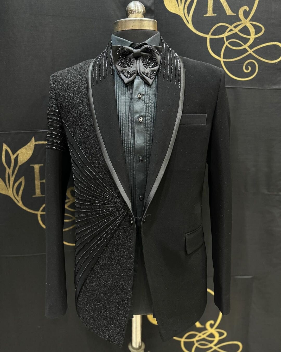 Black Hand Embroidered Tuxedo Suit, Black Crystal Work Tuxedo Suit ...