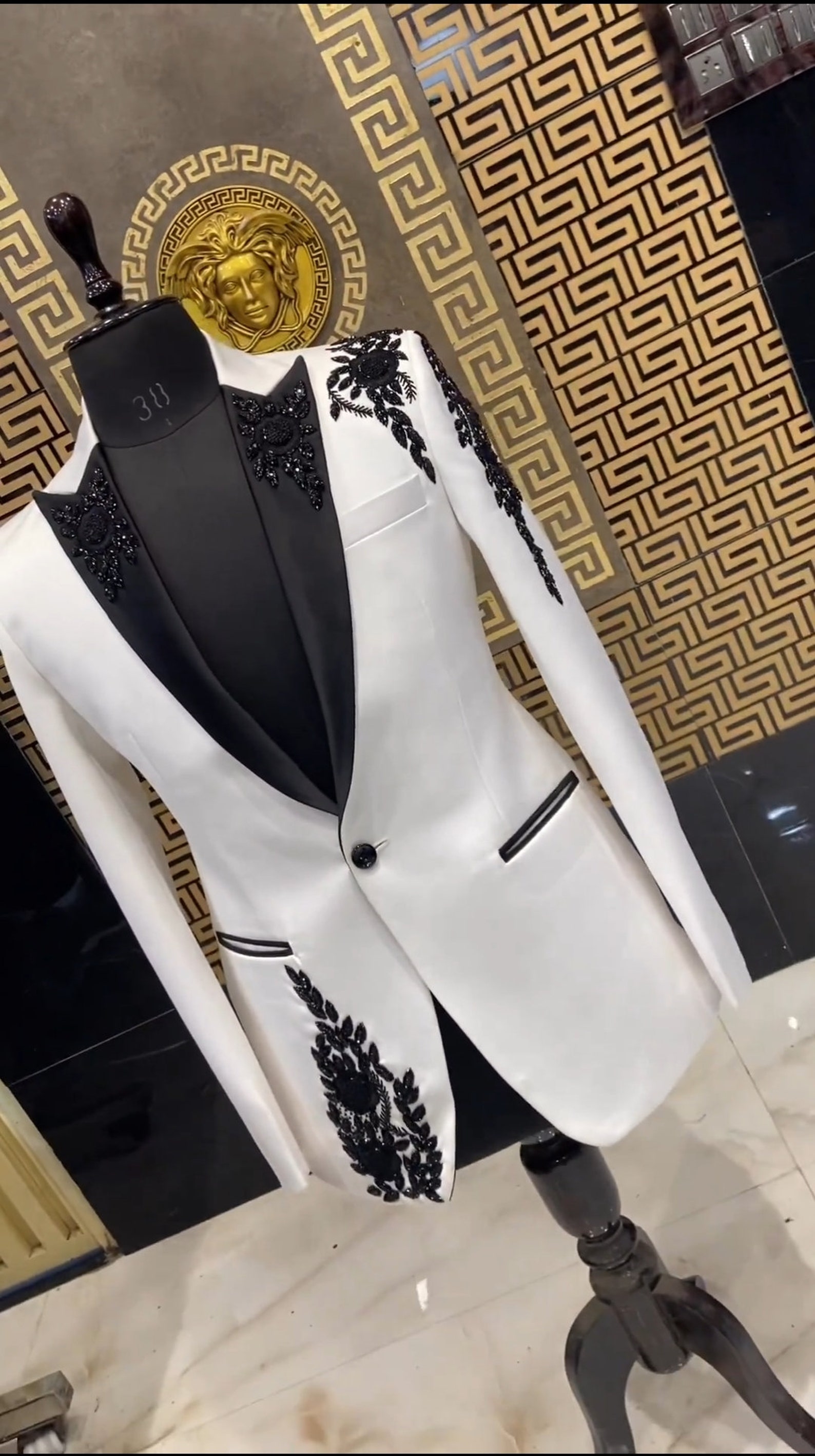 Royal Black Hand Embroidered Tuxedo Suit, Zari Golden Work Tuxedo Suit ...