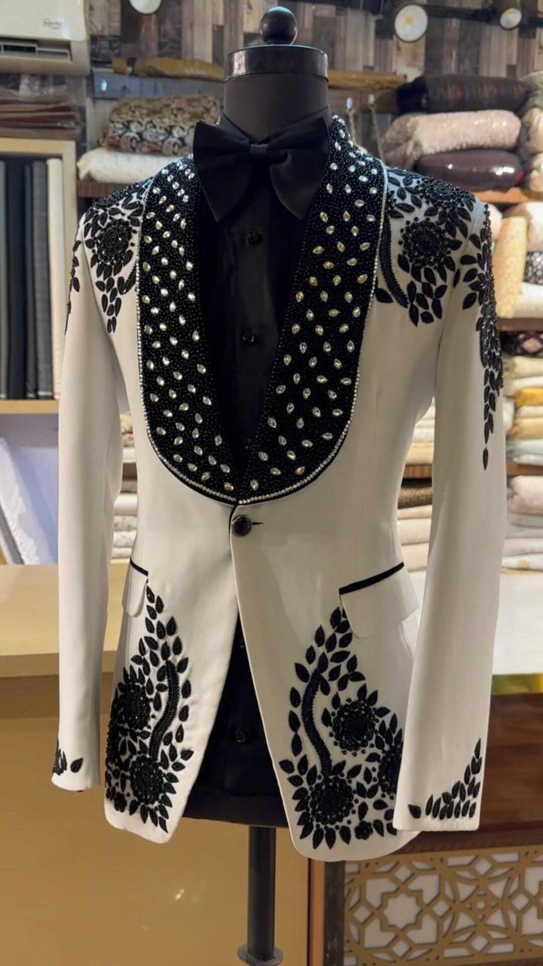 White Hand Embroidered Tuxedo Suit, Black Cutdana Work Tuxedo Suit ...