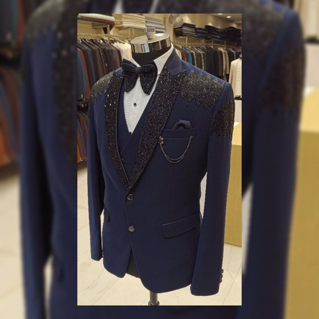 Blue Hand Embroidered Tuxedo Suit, Zari Golden Work Tuxedo Suit, Hand ...