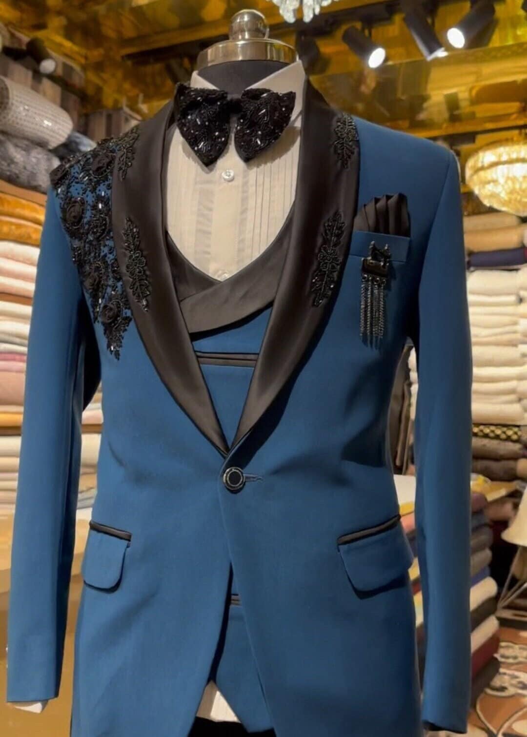 Royal Blue Hand Embroidered Tuxedo Suit, Zari Golden Work Tuxedo Suit ...