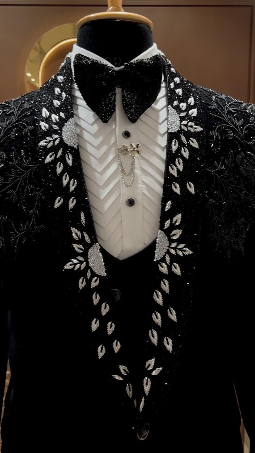 Black Pearl Hand Embroidered Tuxedo Suit, Zari Golden Work Tuxedo Suit ...