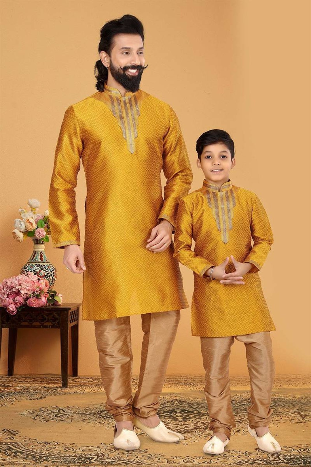 Father Son Indian Dress, Gold Kurta Set, Father Son Matching Dress ...