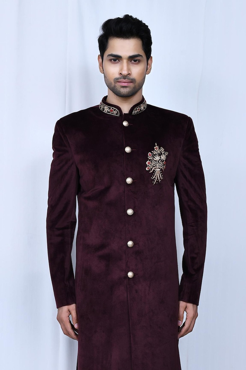 Wine Velvet Designer Sherwani for Men Velvet Embroidered - Etsy