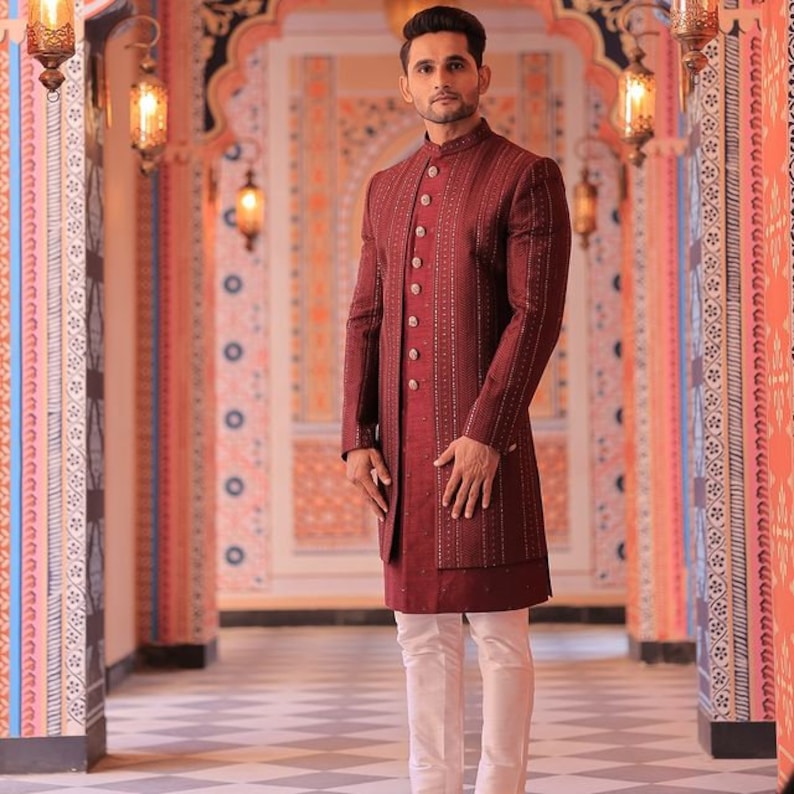 Maroon Sherwani for Men, Chikankari Sherwani, Embroidered Sherwani ...