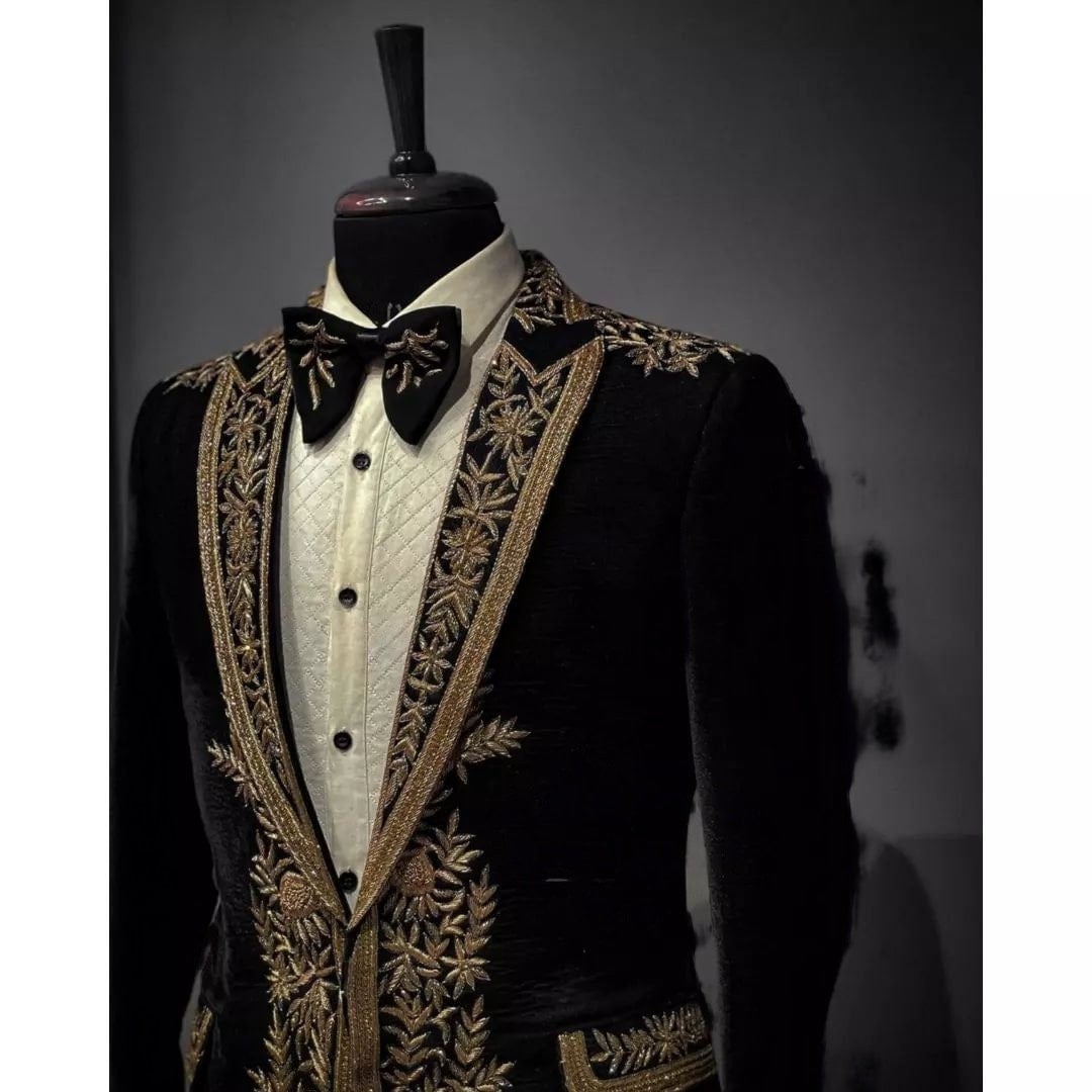 Royal Black Hand Embroidered Tuxedo Suit, Zari Golden Work Tuxedo Suit ...