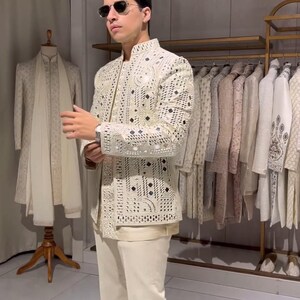 Ivory Mirror Work Jodhpuri Suit for Men, Embroidered Sherwani for Men ...