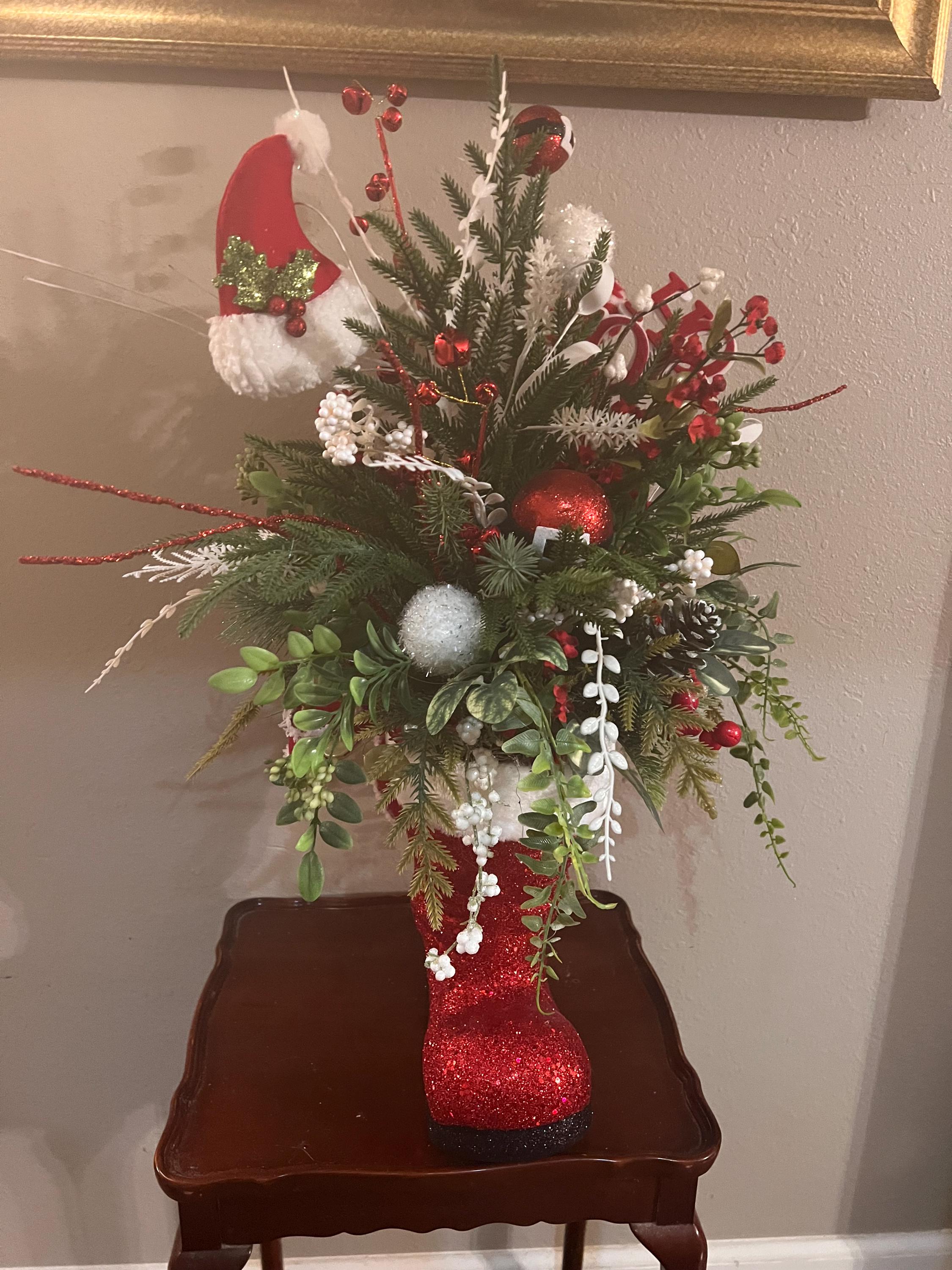 Christmas Floral Arrangement, Holiday Florals, Santa Boot Floral ...