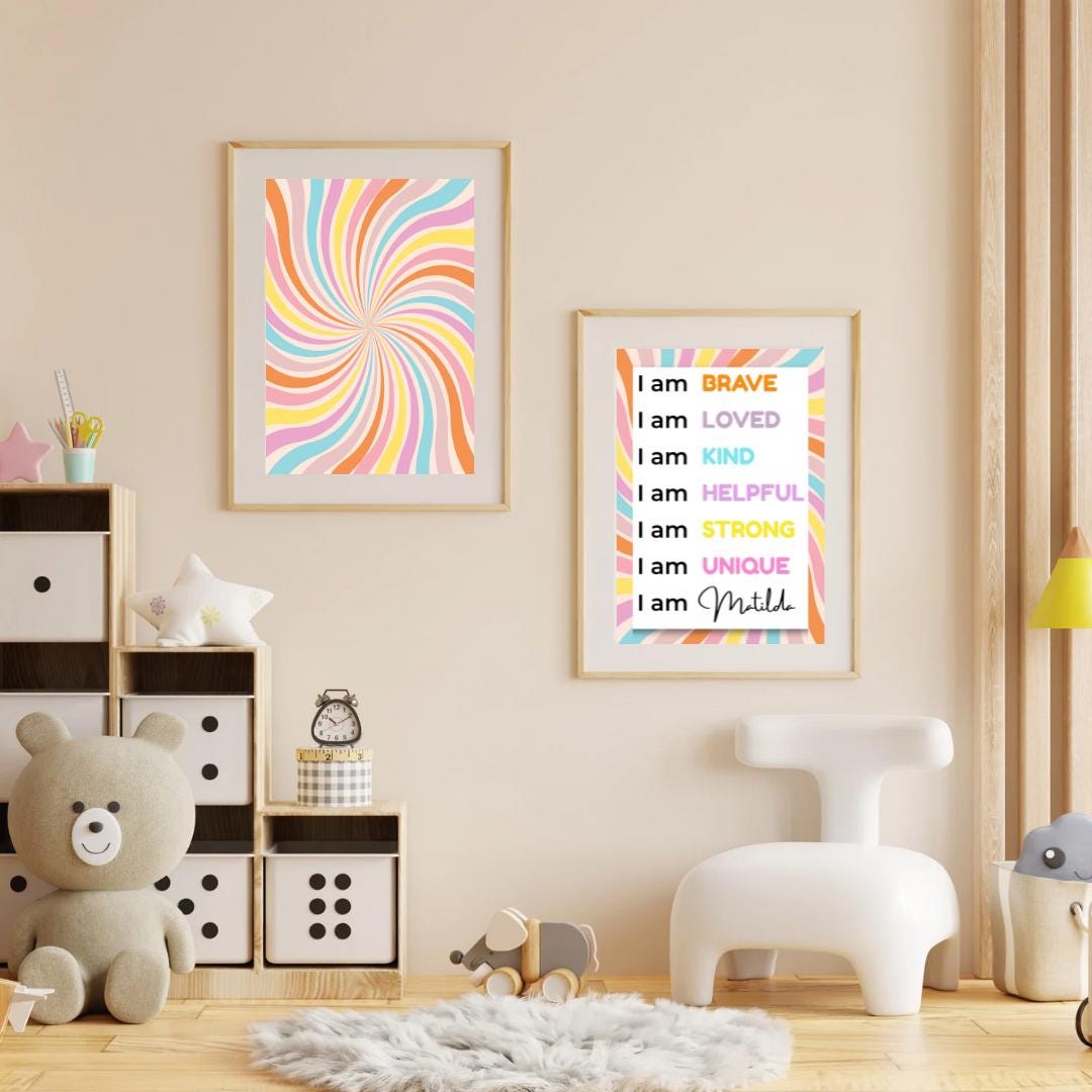 Personalised Kids Affirmation Wall Art Set of 2 – Rainbow Swirl & Name ...