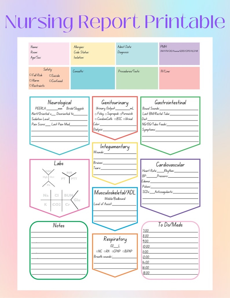 Nursing Report Sheet Printable; Nurse Brain Sheet; Day Shift Nurse ...