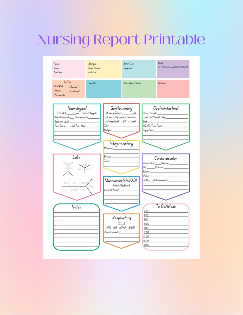 Nursing Report Sheet Printable; Nurse Brain Sheet; Day Shift Nurse ...