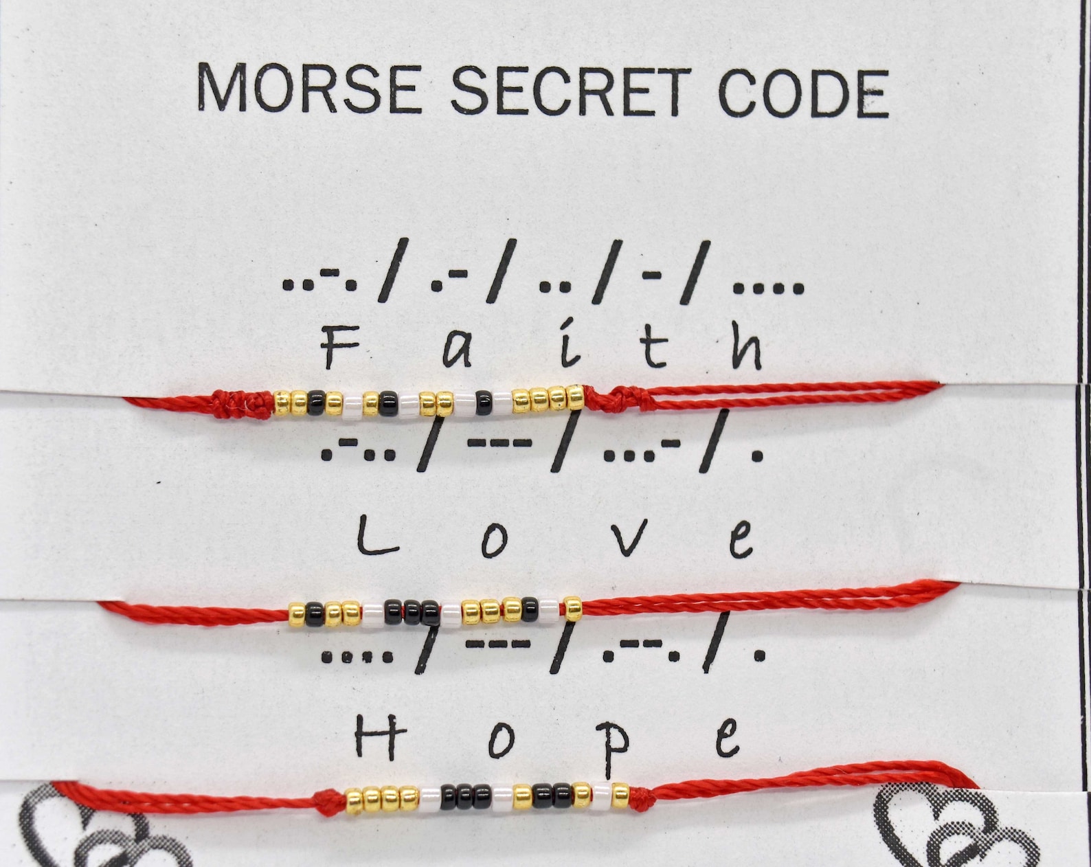 Set of Three Morse Code Bracelets, Tripple Bracelet Faith Love Hope, Morse Code Jewelry, Red ...
