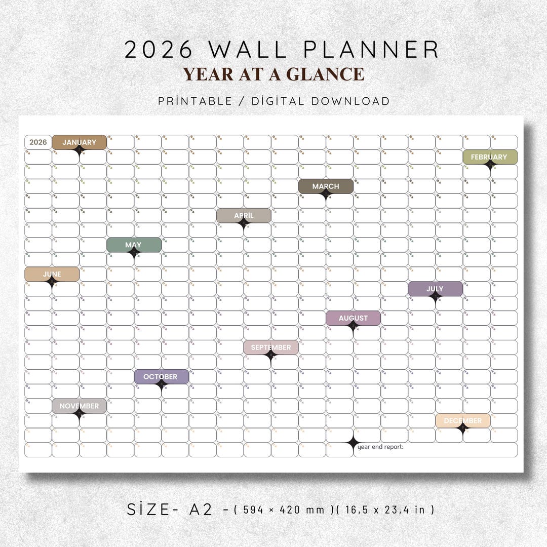2026 Year at a Glance : Yearly Wall Planner, Printable Calendar ...
