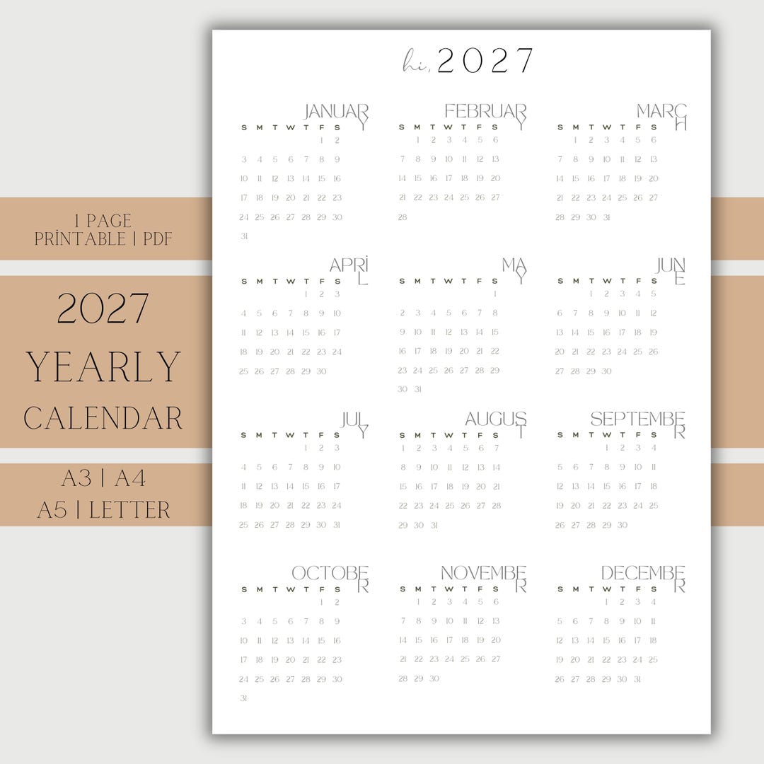 2027 Minimalist Calendar Printable: One-page Annual Planner (PDF ...