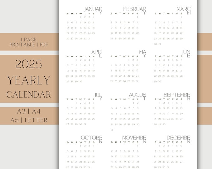 2025 Yearly Calendar Landscape, Printable Calendar Template, Aesthetic ...