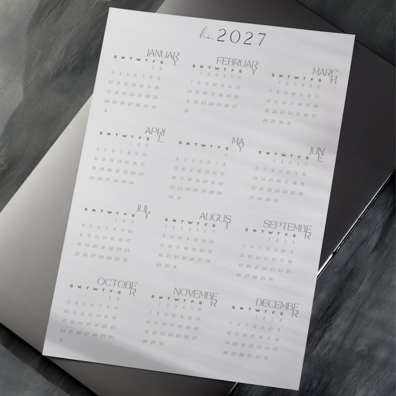 2027 Minimalist Calendar Printable: One-page Annual Planner (PDF ...